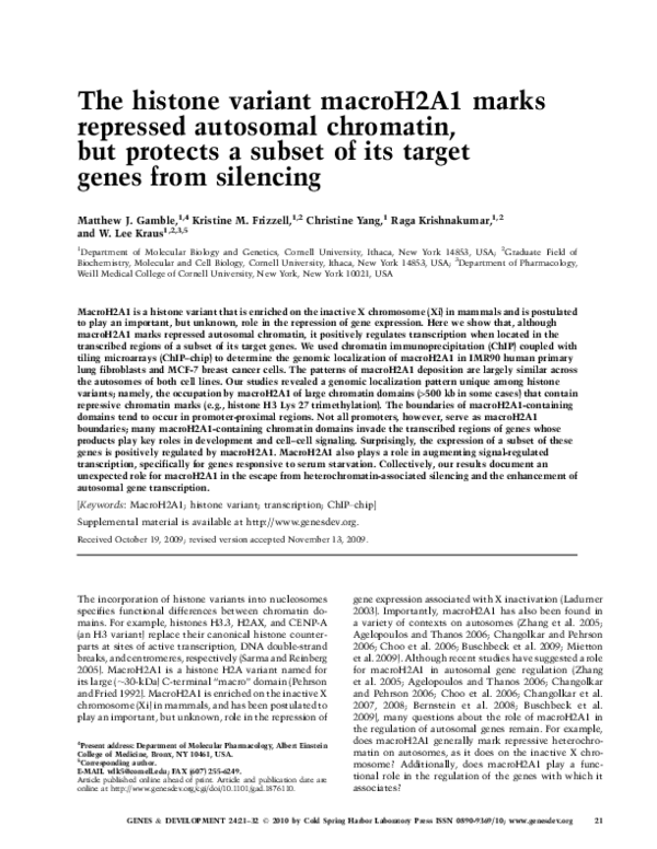 The Histone Variant Macroh2a1 Marks Repressed Autosomal Chromatin But Protects A Subset Of Its