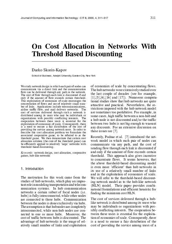 (PDF) On Cost Allocation in Networks with Threshold Based Discounting | Jadranka Skorin-Kapov ...