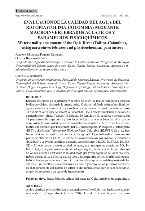 (PDF) Evaluación De La Calidad Del Agua Del Río Opia (Tolima-Colombia) Mediante ...