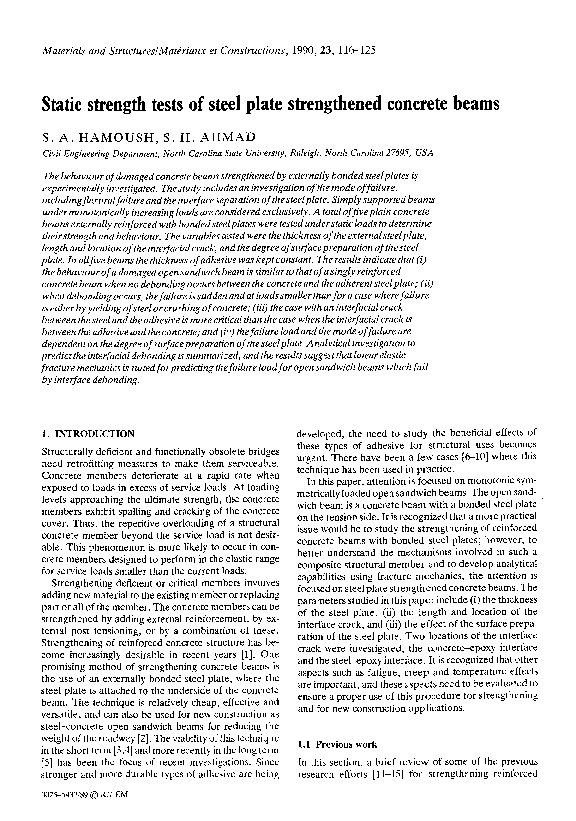 (PDF) Static strength tests of steel plate strengthened concrete beams