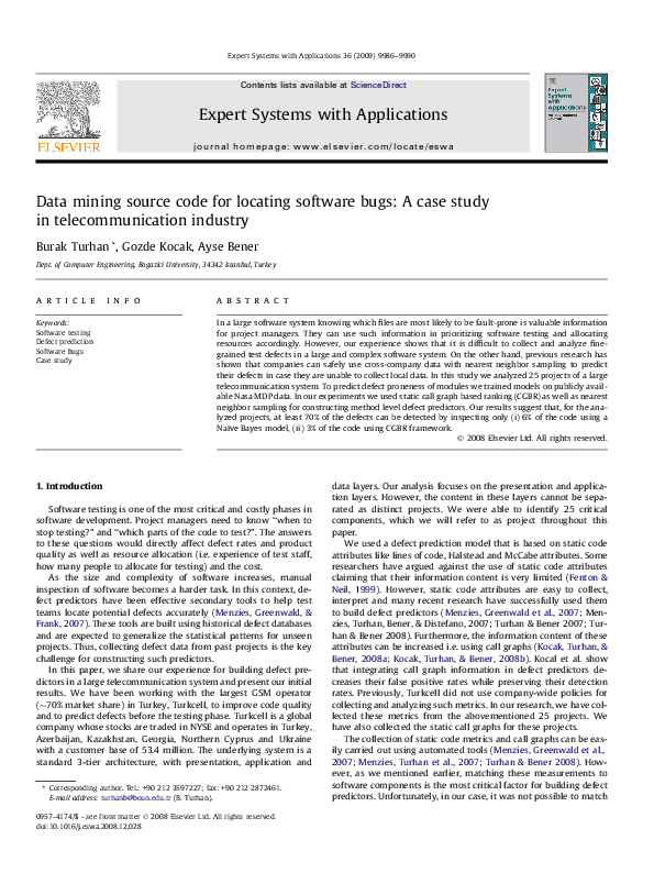 (PDF) Data Mining Source Code for Locating Software Bugs: A Case Study In Telecommunication Industry