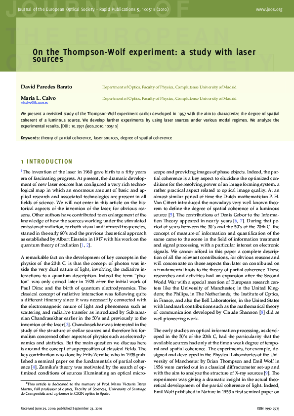 (PDF) On the Thompson-Wolf Experiment: a study with laser sources