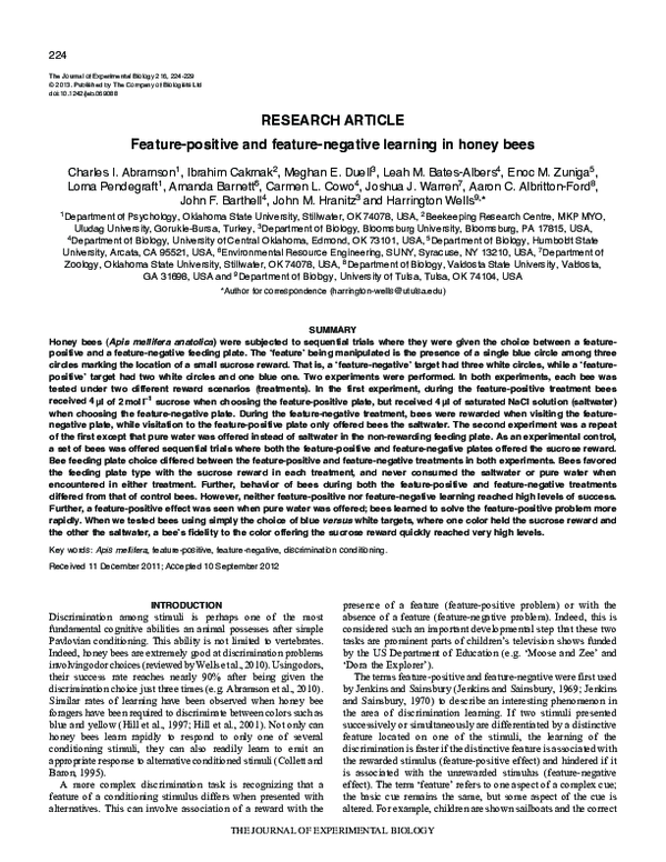 (PDF) Feature-positive and feature-negative learning in honey bees