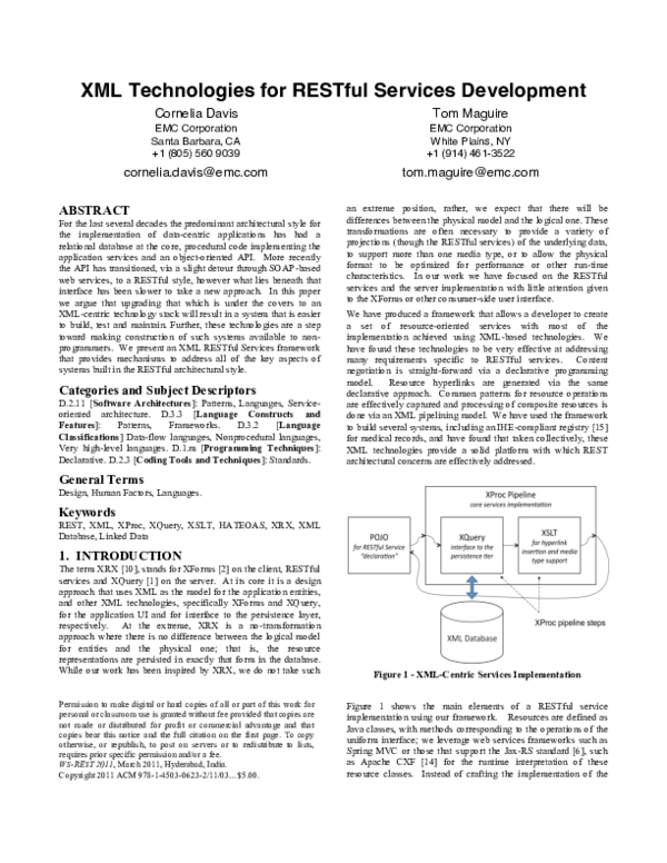(PDF) XML technologies for RESTful services development | Thomas Maguire - Academia.edu