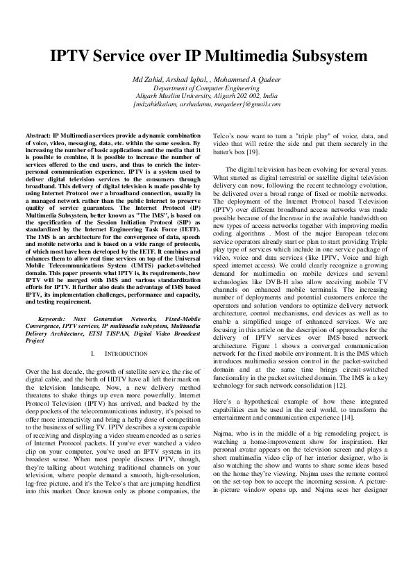 (PDF) IPTV Service over IP Multimedia Subsystem
