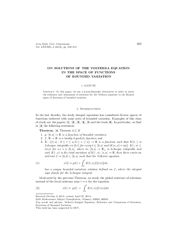 (PDF) On Solutions of the Volterra Equation in the Space of Functions ...