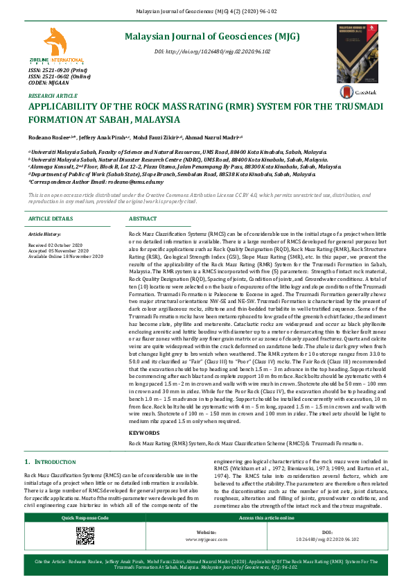 (PDF) Applicability of the Rock Mass Rating (RMR) System for the ...