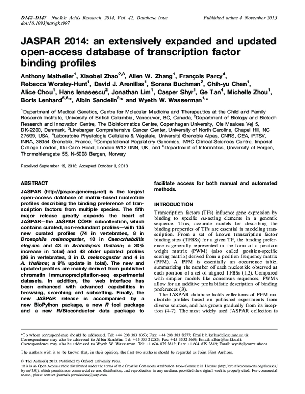 (PDF) JASPAR 2014: an extensively expanded and updated open-access database of transcription ...