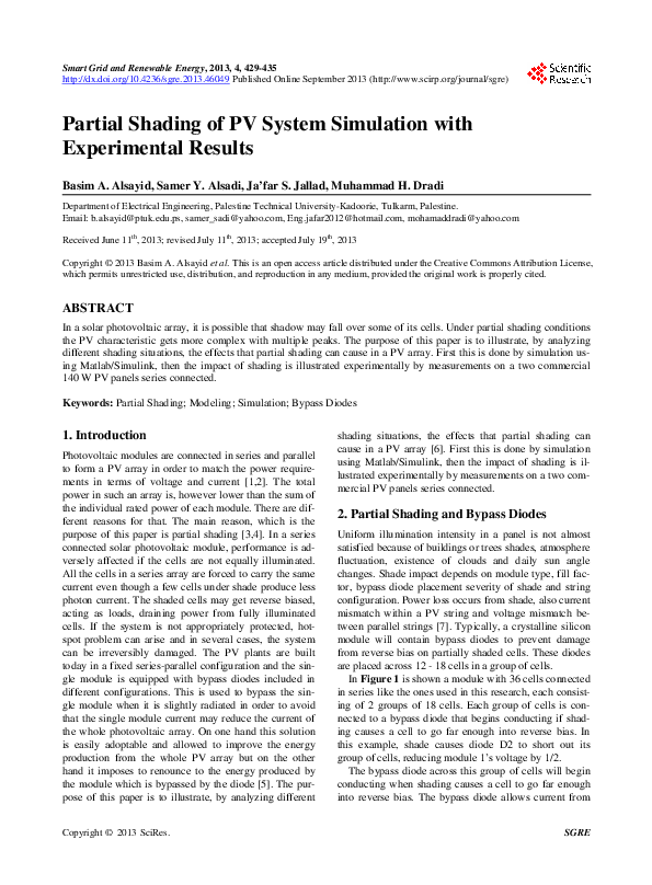 Pdf Partial Shading Of Pv System Simulation With Experimental Results