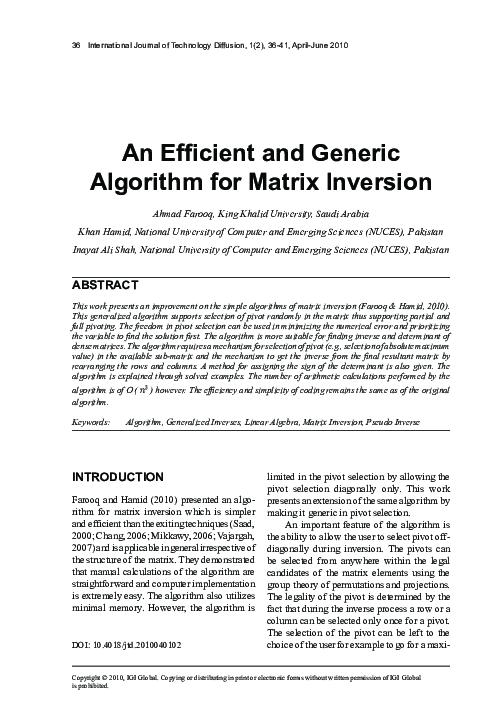 Pdf An Efficient And Generic Algorithm For Matrix Inversion