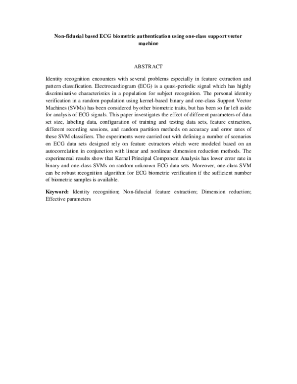 Pdf Non Fiducial Based Ecg Biometric Authentication Using One Class Support Vector Machine