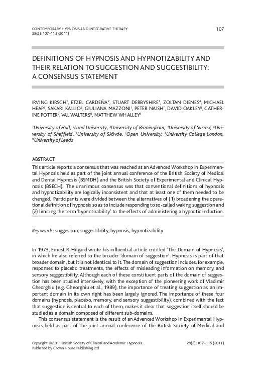 (PDF) Definitions of Hypnosis and Hypnotizability and their Relation to Suggestion and ...