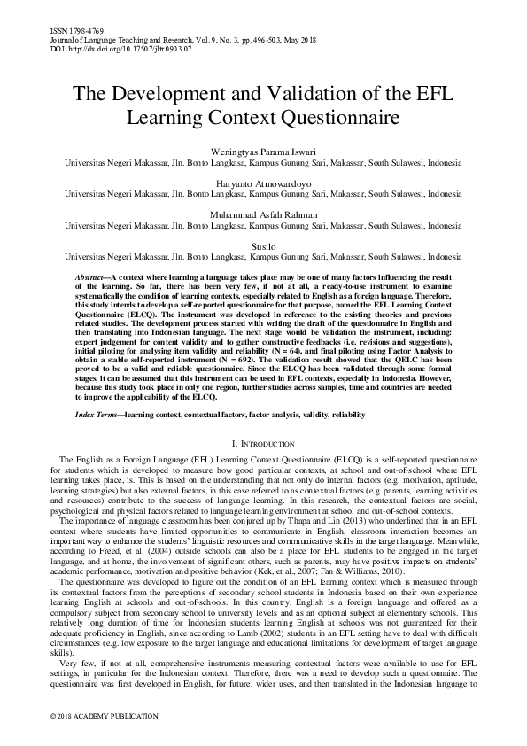 (PDF) The Development and Validation of the EFL Learning Context ...