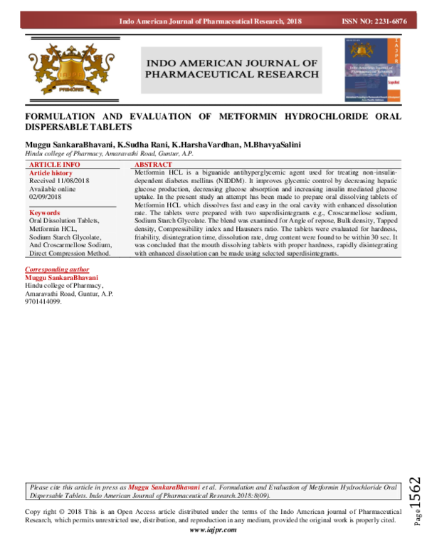 Pdf Formulation And Evaluation Of Metformin Hydrochloride Oral Dispersable Tablets