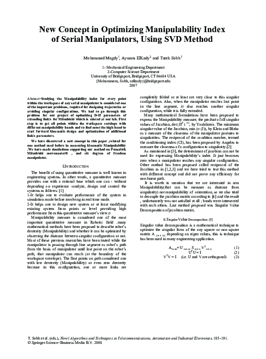 (PDF) New Concept In Optimizing Manipulability Index Of Serial Manipulators Using SVD Method