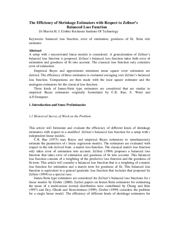 (PDF) The Efficiency of Shrinkage Estimators with Respect to Zellner's Balanced Loss Function