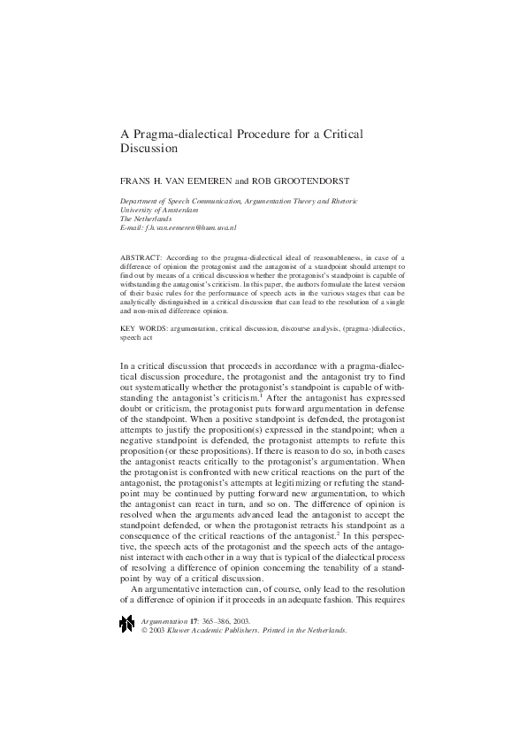 (PDF) A pragma-dialectical procedure for a critical discussion