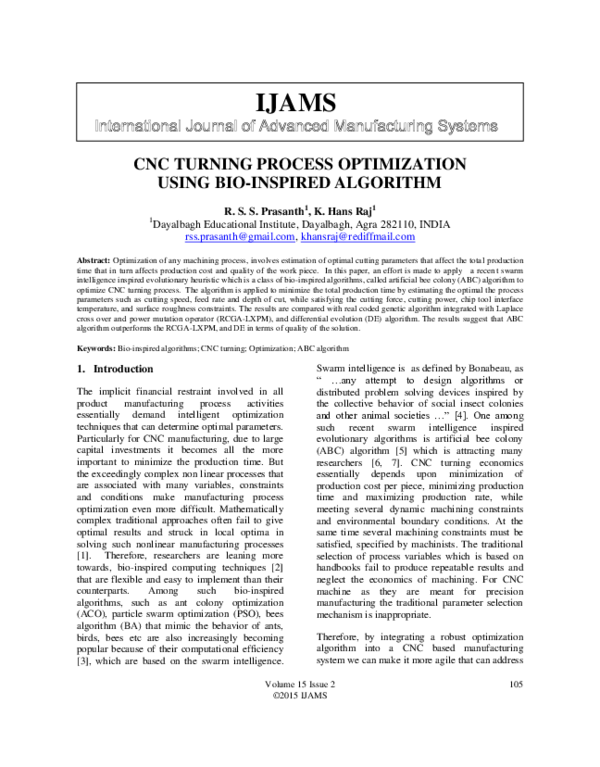 Pdf Ccnc Turning Process Optimization Using Bio Inspired Algorithm
