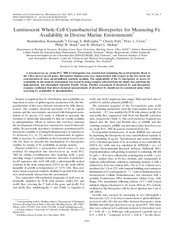 (PDF) Luminescent Whole-Cell Cyanobacterial Bioreporter for Measuring ...