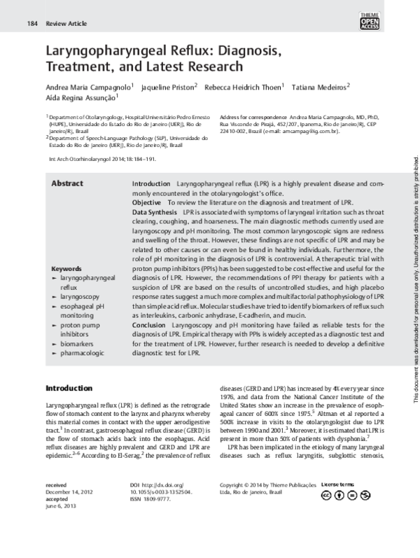 (PDF) Laryngopharyngeal Reflux: Diagnosis, Treatment, and Latest Research