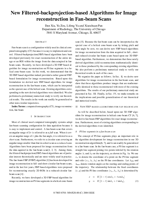 Pdf New Filtered Backprojection Based Algorithms For Image Reconstruction In Fan Beam Scans