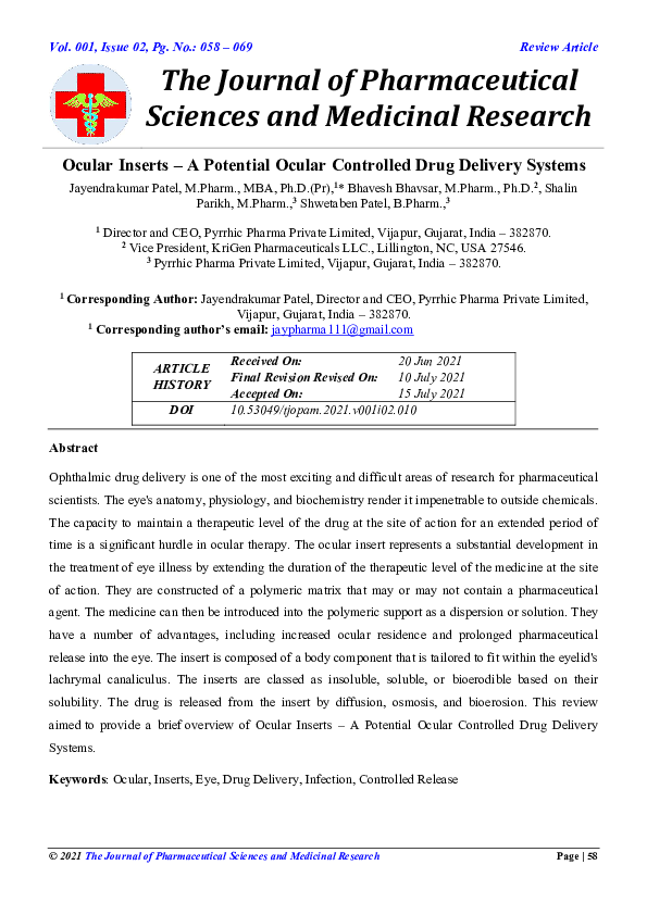 (PDF) Ocular Inserts – A Potential Ocular Controlled Drug Delivery Systems
