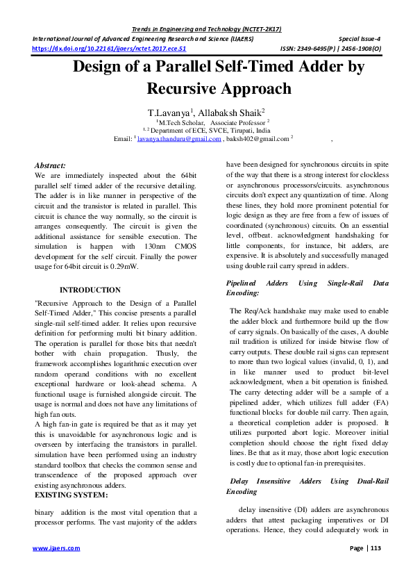 Pdf Design Of A Parallel Self Timed Adder By Recursive Approach