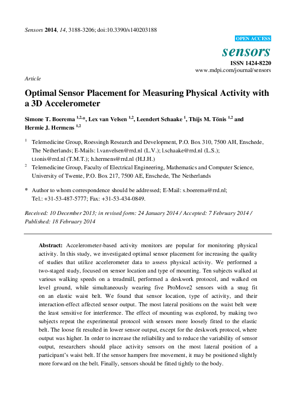 (PDF) Optimal Sensor Placement for Measuring Physical Activity with a 3D Accelerometer