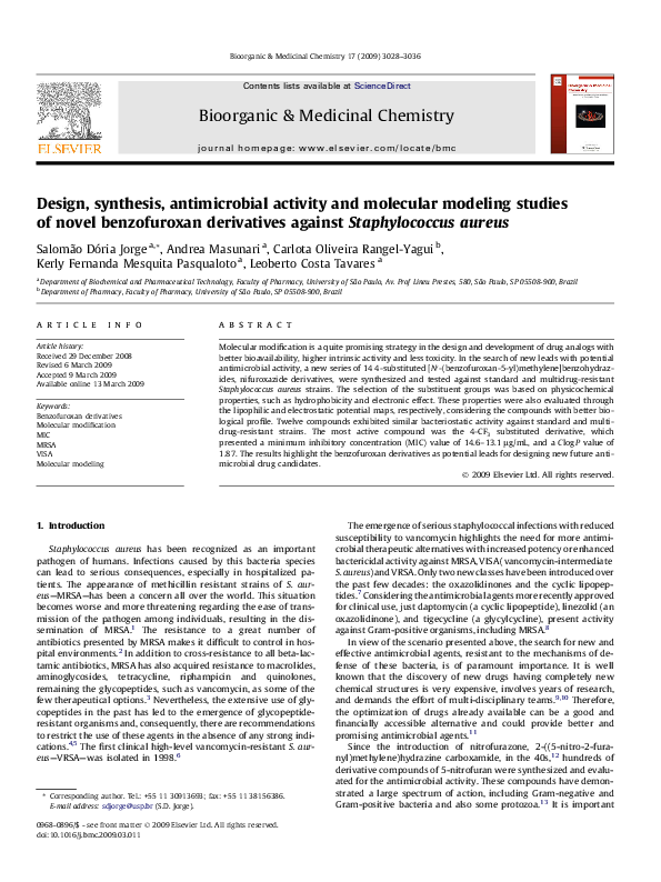 (PDF) Design, synthesis, antimicrobial activity and molecular modeling studies of novel ...