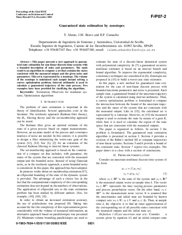 Pdf Guaranteed State Estimation By Zonotopes