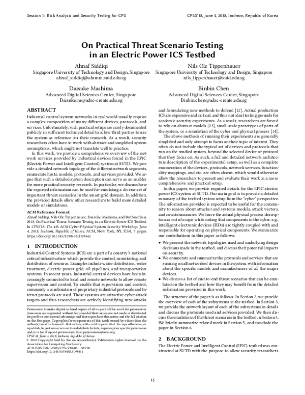 (PDF) On Practical Threat Scenario Testing in an Electric Power ICS Testbed