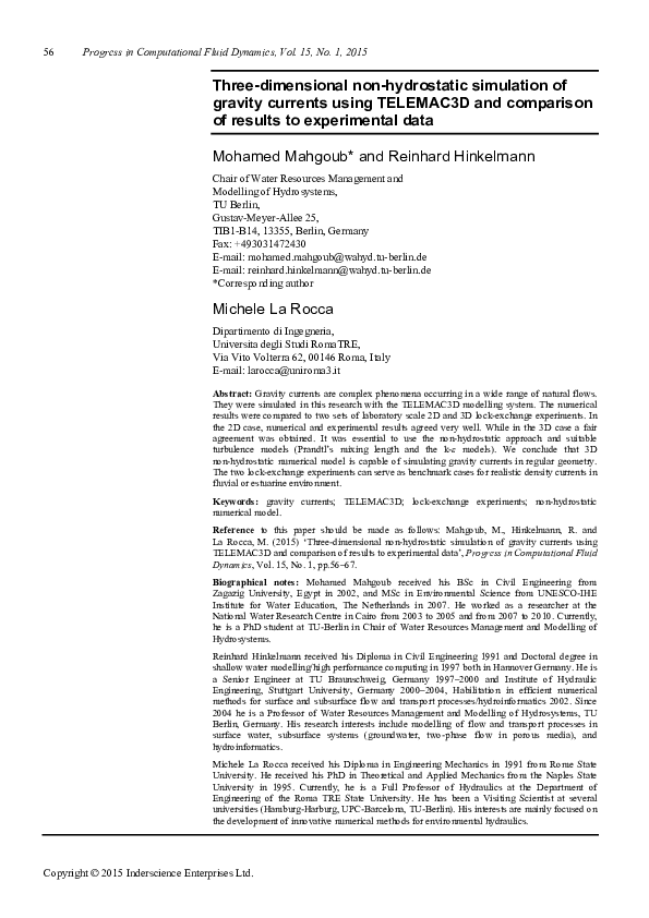 Pdf Three Dimensional Non Hydrostatic Simulation Of Gravity Currents Using Telemac3d And
