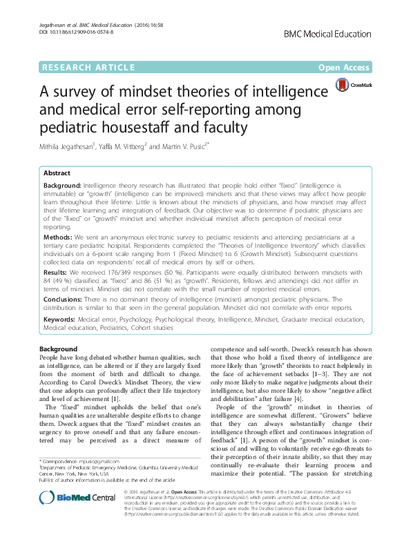 (PDF) A survey of mindset theories of intelligence and medical error self-reporting among ...