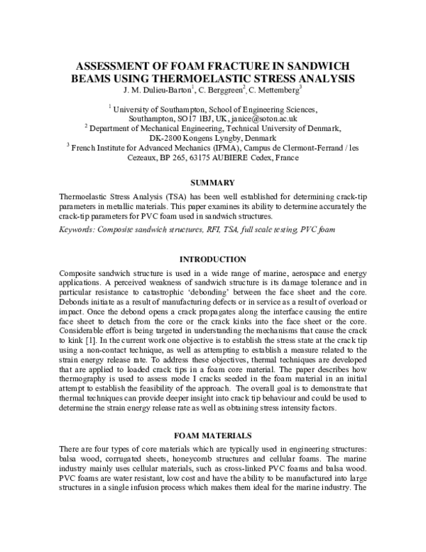 (PDF) Assessment of foam fracture in sandwich beams using thermoelastic stress analysis