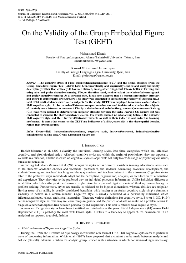 (PDF) On the Validity of the Group Embedded Figure Test (GEFT)
