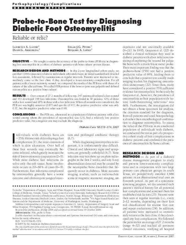 (PDF) Probe-to-Bone Test for Diagnosing Diabetic Foot Osteomyelitis ...