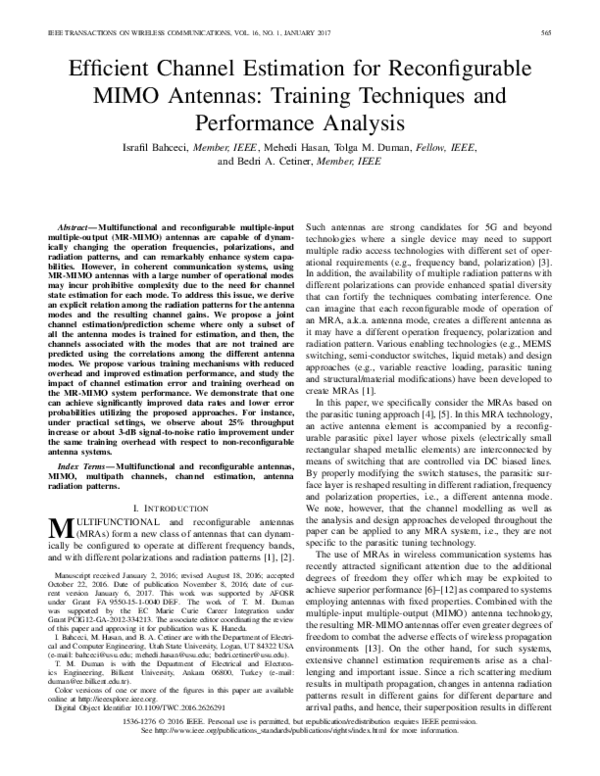 (PDF) Efficient Channel Estimation for Reconfigurable MIMO Antennas: Training Techniques and ...