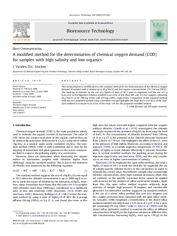 (PDF) A modified method for the determination of chemical oxygen demand ...