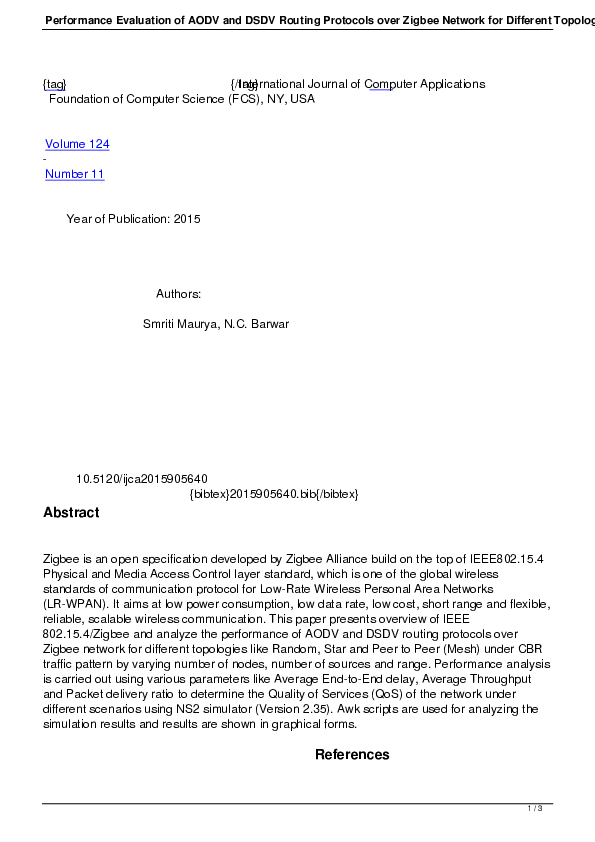 (PDF) Performance Evaluation of AODV and DSDV Routing Protocols over Zigbee Network for ...