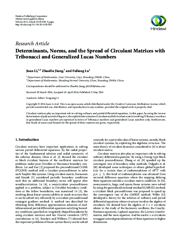(PDF) Determinants, Norms, and the Spread of Circulant Matrices with ...