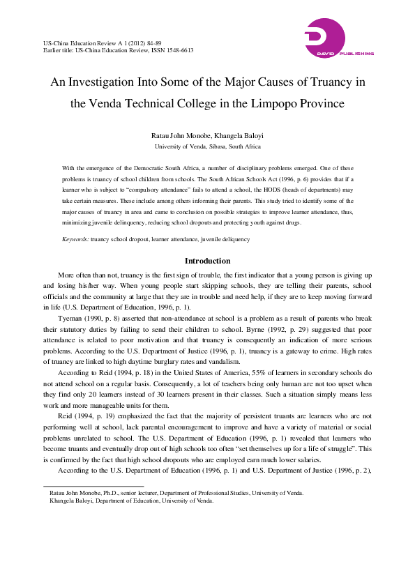 (PDF) An Investigation Into Some of the Major Causes of Truancy in ...