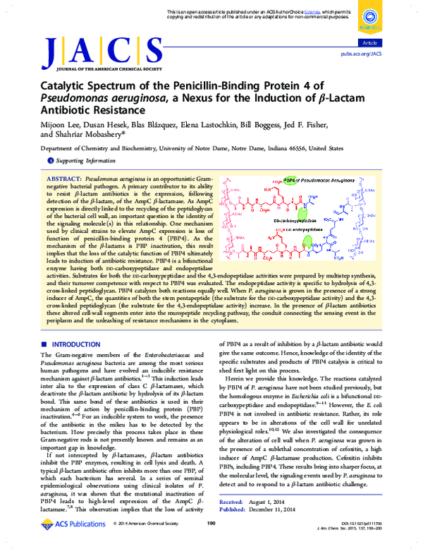 (PDF) Catalytic Spectrum of the Penicillin-Binding Protein 4 of Pseudomonas aeruginosa , a Nexus ...