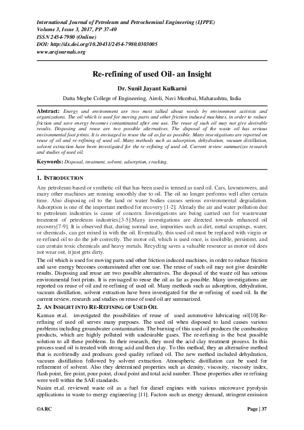 (PDF) Re-refining of used Oil- an Insight