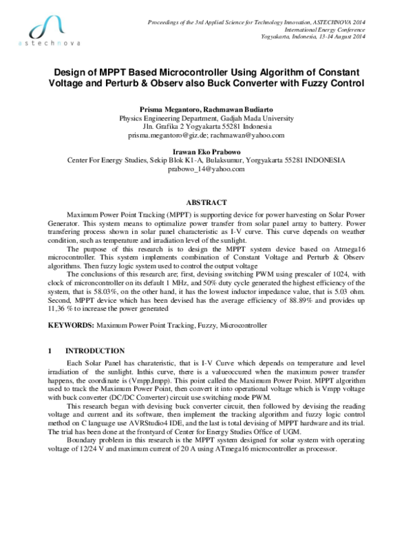 Pdf Design Of Mppt Based Microcontroller Using Algorithm Of Constant Voltage And Perturb 