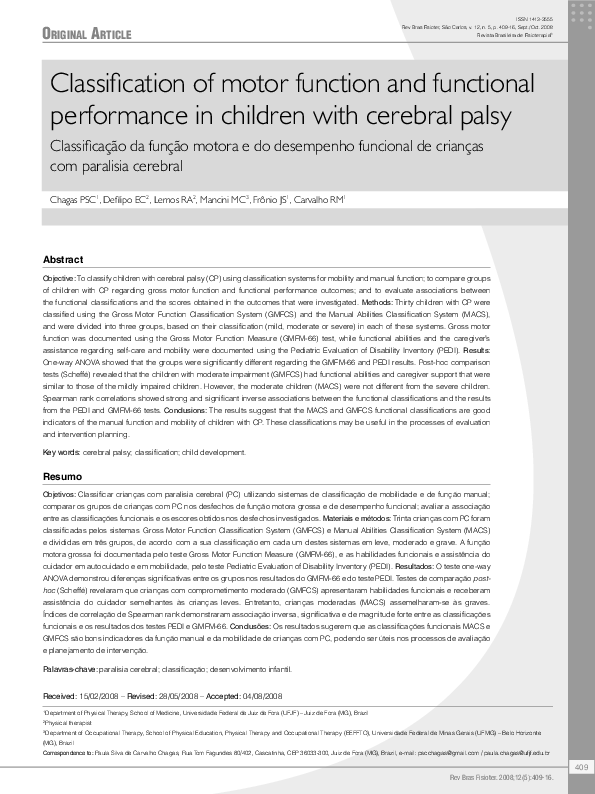 (PDF) Classification of motor function and functional performance in ...