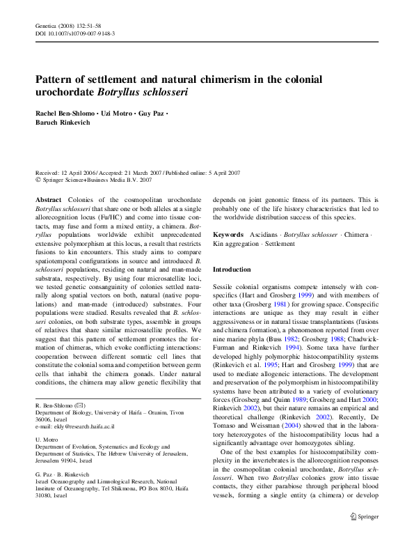 (PDF) Pattern of settlement and natural chimerism in the colonial ...