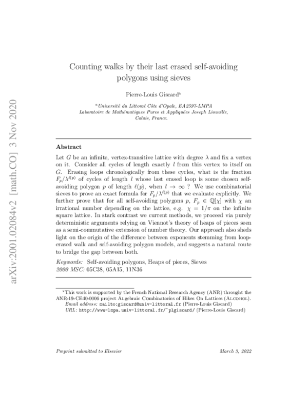 Pdf Counting Walks By Their Last Erased Self Avoiding Polygons Using Sieves 0833