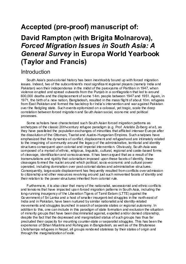 (PDF) Forced Migration Issues in South Asia: A General Survey in Europa ...