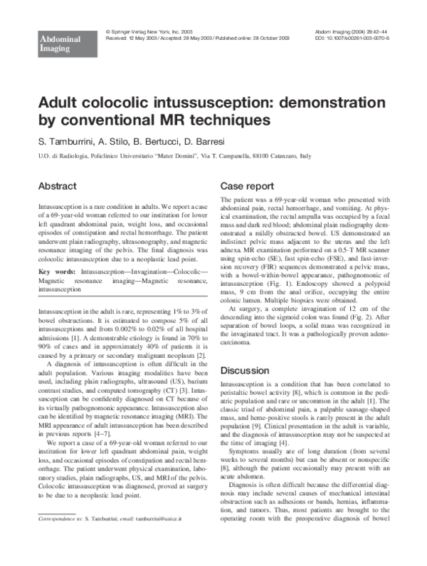 (PDF) Adult colocolic intussusception: demonstration by conventional MR ...