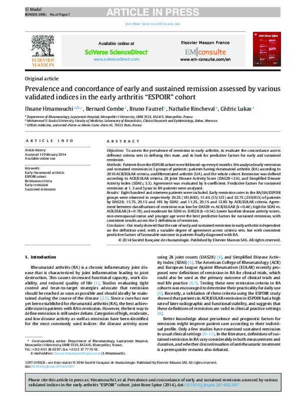 (PDF) Early Remission Variability in Arthritis Cohorts